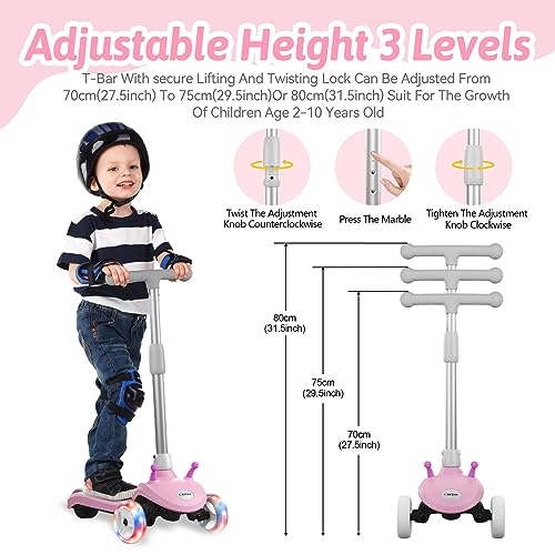 Electric Scooter for Kids Gobazaar, LED Light-up Wheels, 3 Height Adjustable, C-Shaped Handle, Lean-to Steer Design, 3 Wheel Scooter for Kids 2-10Y, Best Children's Gifts