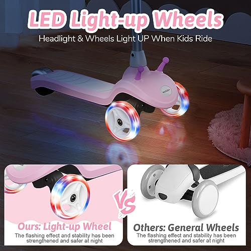 Electric Scooter for Kids Gobazaar, LED Light-up Wheels, 3 Height Adjustable, C-Shaped Handle, Lean-to Steer Design, 3 Wheel Scooter for Kids 2-10Y, Best Children's Gifts