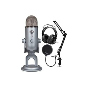 blue microphone yeti usb (silver) bundle with tx-100 headphones, boom arm and pop filter (4 items) microphones