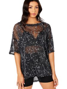 makemechic women's summer short sleeve tops see through mesh sheer sexy t shirt blouse black galaxy m