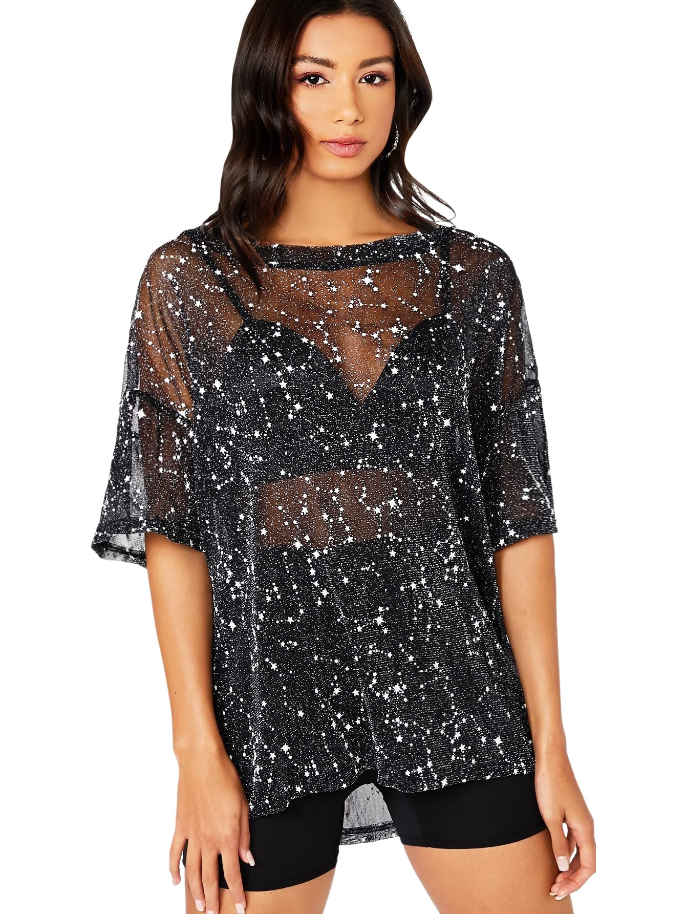 MakeMeChic Women's Summer Short Sleeve Tops See Through Mesh Sheer Sexy T Shirt Blouse Black Galaxy M