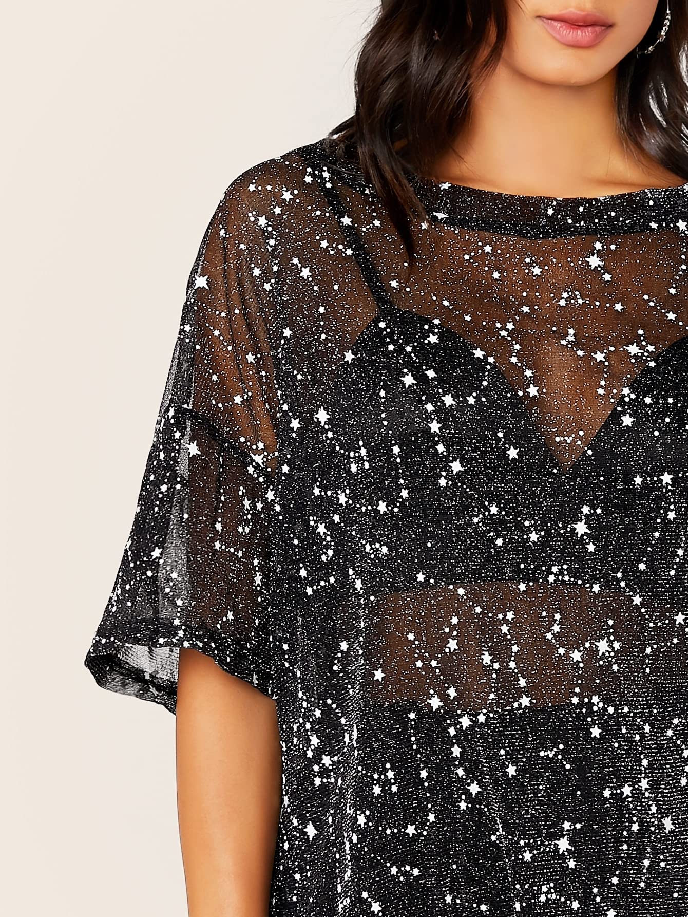 MakeMeChic Women's Summer Short Sleeve Tops See Through Mesh Sheer Sexy T Shirt Blouse Black Galaxy M