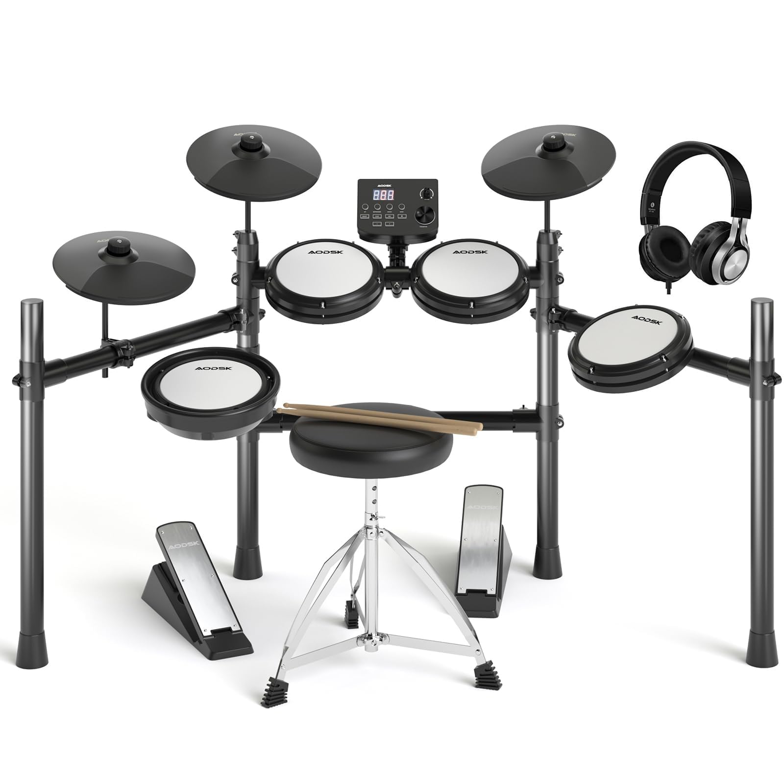 AODSK Electric Drum Set with Quiet Mesh Pads,Electronic Drum for Beginner,USB MIDI,Throne,Headphones,Sticks, Included 15 Kits and 195 Sounds,AED-403