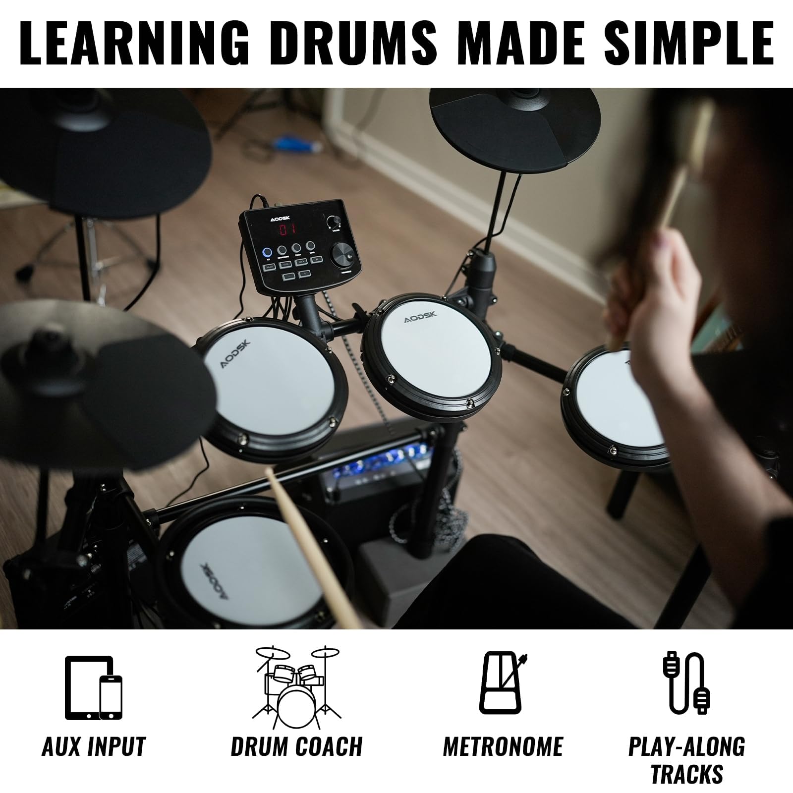 AODSK Electric Drum Set with Quiet Mesh Pads,Electronic Drum for Beginner,USB MIDI,Throne,Headphones,Sticks, Included 15 Kits and 195 Sounds,AED-403