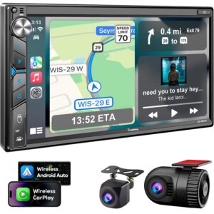 double din car stereo with dash cam - voice control carplay, android auto, steering wheel controls, 7" hd touchscreen, backup camera, bluetooth, mirror link, subw, usb/tf/aux, am/fm radio receiver