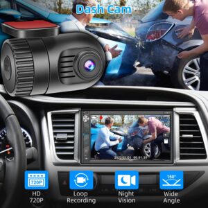 Double Din Car Stereo with Dash Cam - Voice Control Carplay, Android Auto, Steering Wheel Controls, 7" HD Touchscreen, Backup Camera, Bluetooth, Mirror Link, Subw, USB/TF/AUX, AM/FM Radio Receiver