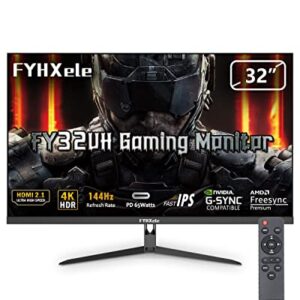 FYHXele 4K Gaming Monitor 144Hz 32inch, Fast UHD IPS Computer Monitor, 1ms, VESA Mountable, DSC， Built-in Speakers, Free-Sync, 1xDP1.4, 1xHDMI2.1, 1xHDMI2.0, 1xUSB-C, USB Hub, 95% DCI-P3, HDR400