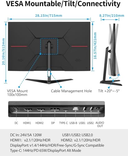 FYHXele 4K Gaming Monitor 144Hz 32inch, Fast UHD IPS Computer Monitor, 1ms, VESA Mountable, DSC， Built-in Speakers, Free-Sync, 1xDP1.4, 1xHDMI2.1, 1xHDMI2.0, 1xUSB-C, USB Hub, 95% DCI-P3, HDR400