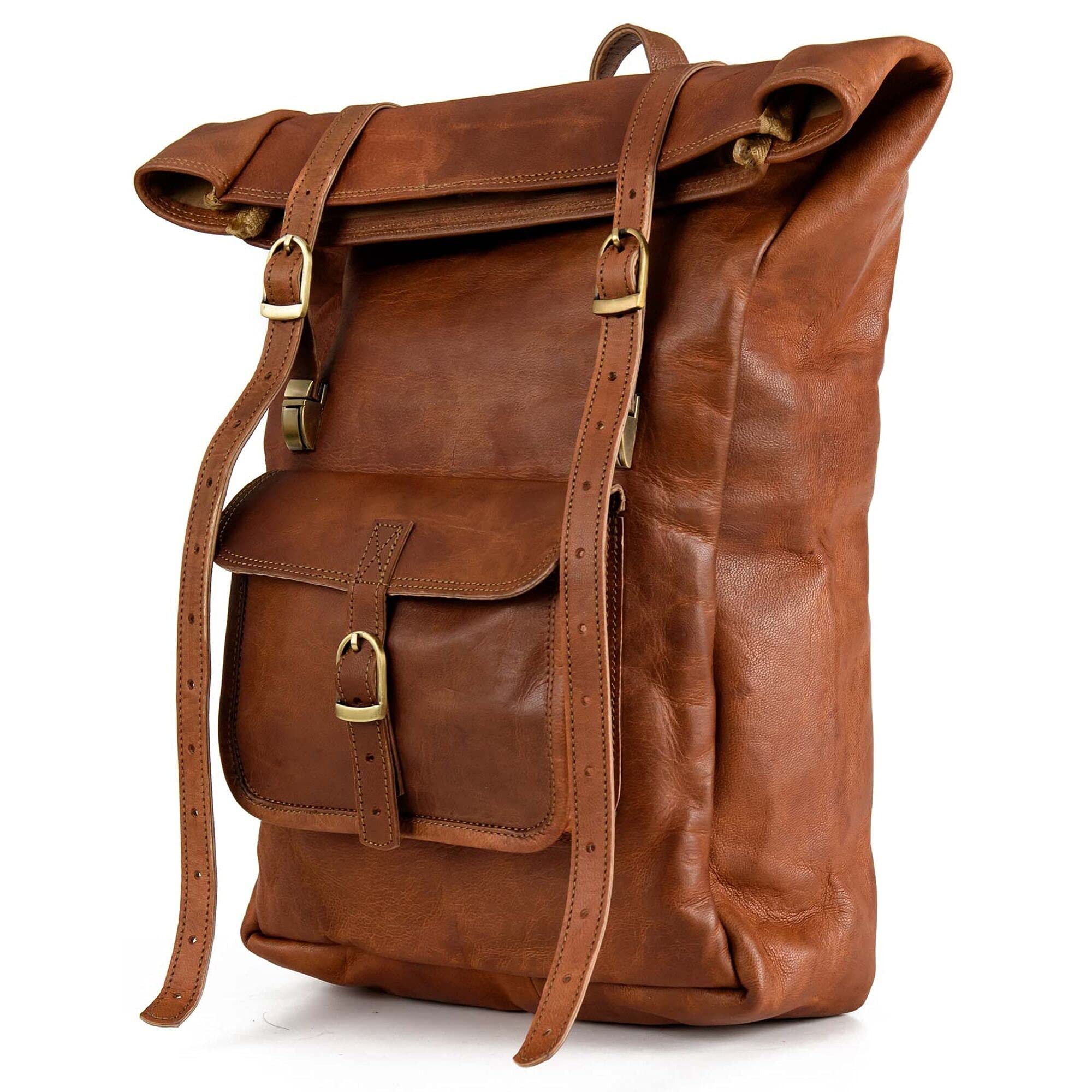 BERLINER BAGS Vintage Leather Backpack Leeds M, Large Waterproof Bookbag for Men and Women - Brown