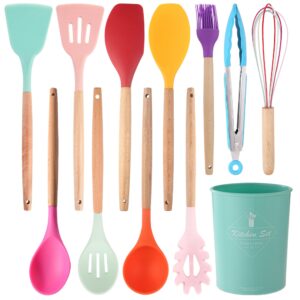 keidason silicone kitchen utensils set, 12-piece silicone cooking utensils set non-stick cookware is heat-resistant, bpa-free, stirring kitchen tools set,spoon,tongs,whisk,brush,spatula (colorful)