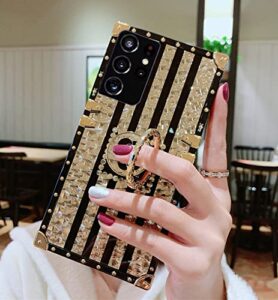 xiayong for samsung galaxy a14 5g case fashion square box women design gold bling glitter rose flower soft trunk cover with ring kickstand phone skin,gold