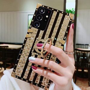 XiaYong for Samsung Galaxy A14 5G Case Fashion Square Box Women Design Gold Bling Glitter Rose Flower Soft Trunk Cover with Ring Kickstand Phone Skin,Gold