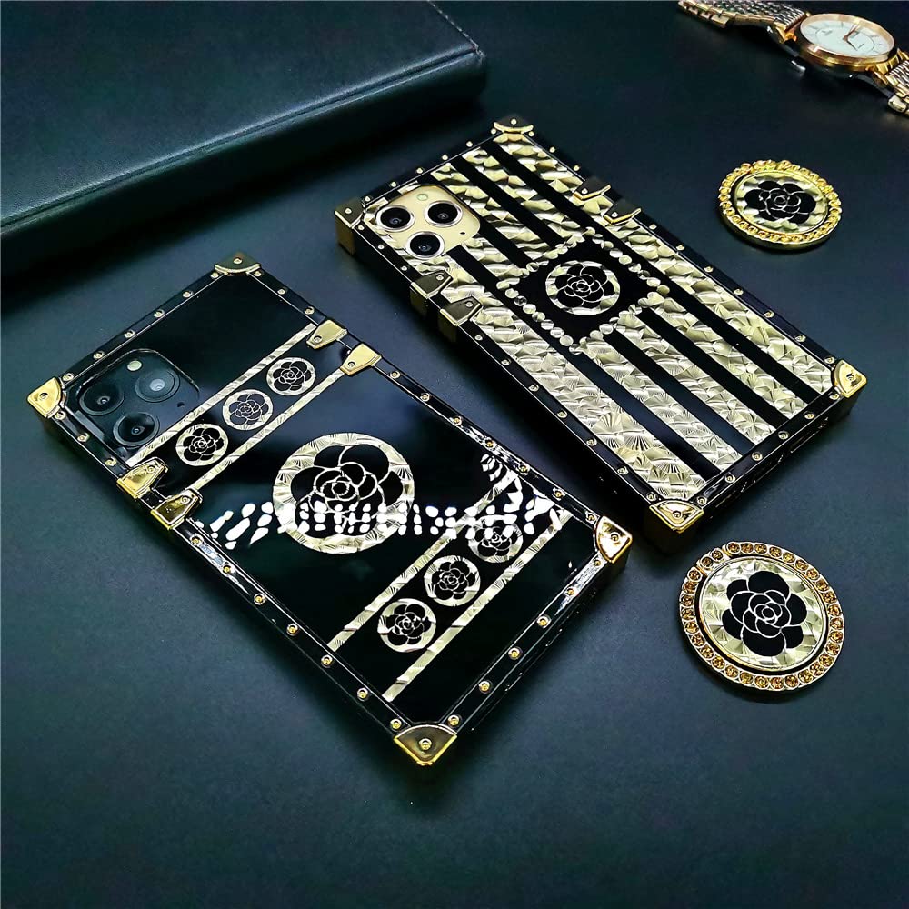 XiaYong for Samsung Galaxy A14 5G Case Fashion Square Box Women Design Gold Bling Glitter Rose Flower Soft Trunk Cover with Ring Kickstand Phone Skin,Gold