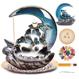 zvaiuk new moon backflow incense holder, ceramic hand-made incense fountain burner with 100 backflow incense cones，fragrance incense stick，mat，aromatherapy home decoration