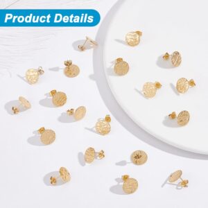 UNICRAFTALE 40pcs Golden Textured Flat Round Stud Earring Findings Circle Disc Stainless Steel Earring Post with Loop Blank Earring Studs with Ear Nuts 1.4mm Hole