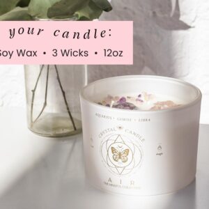 Healing Crystal Candle, 12oz - 3 wick Aquarius, Gemini, Libra Zodiac Candles with Crystals Inside. Zodiac Gifts for Women, Real Crystals and Healing Stones Manifestation Candle, Meditation Candle