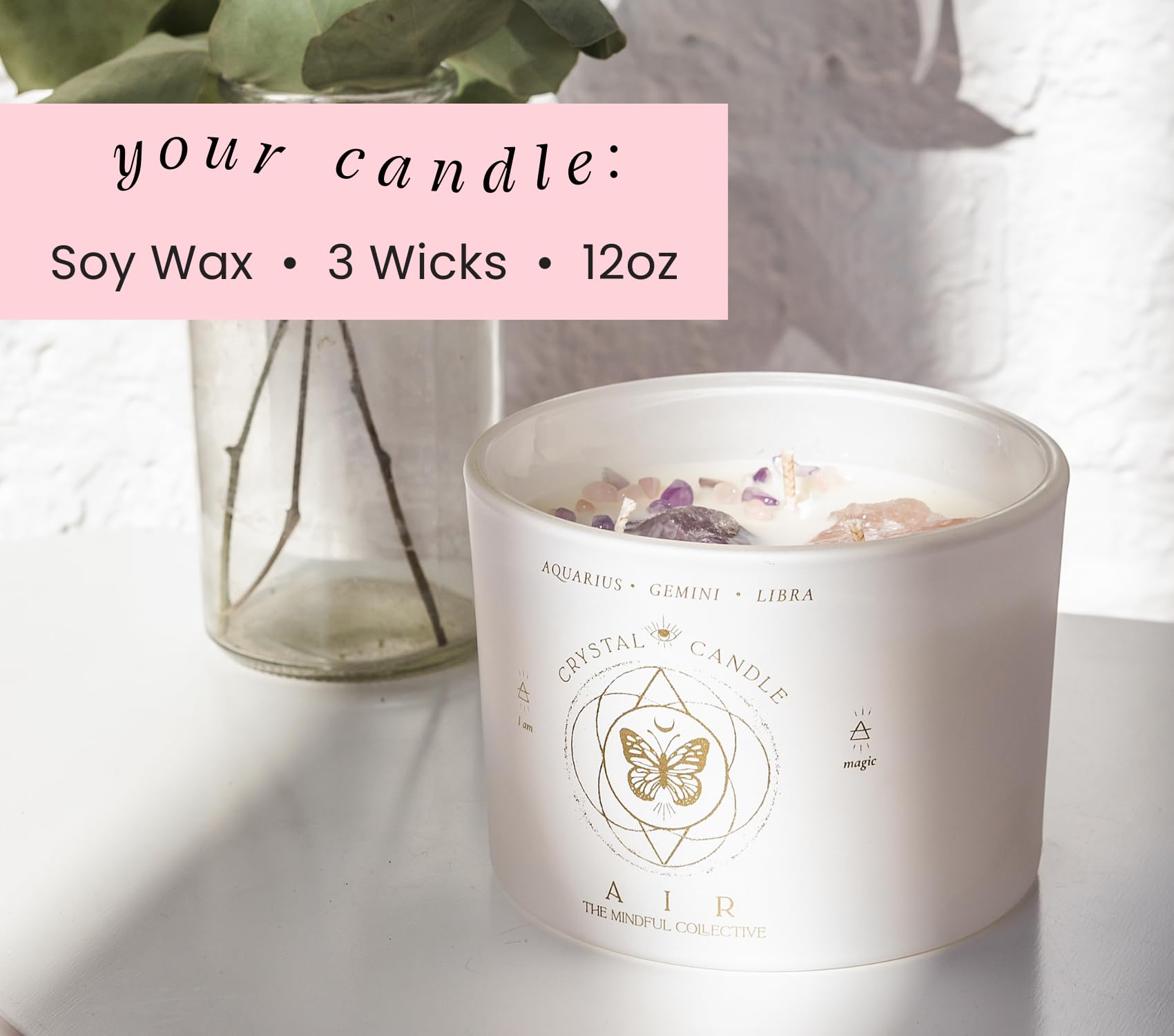 Healing Crystal Candle, 12oz - 3 wick Aquarius, Gemini, Libra Zodiac Candles with Crystals Inside. Zodiac Gifts for Women, Real Crystals and Healing Stones Manifestation Candle, Meditation Candle