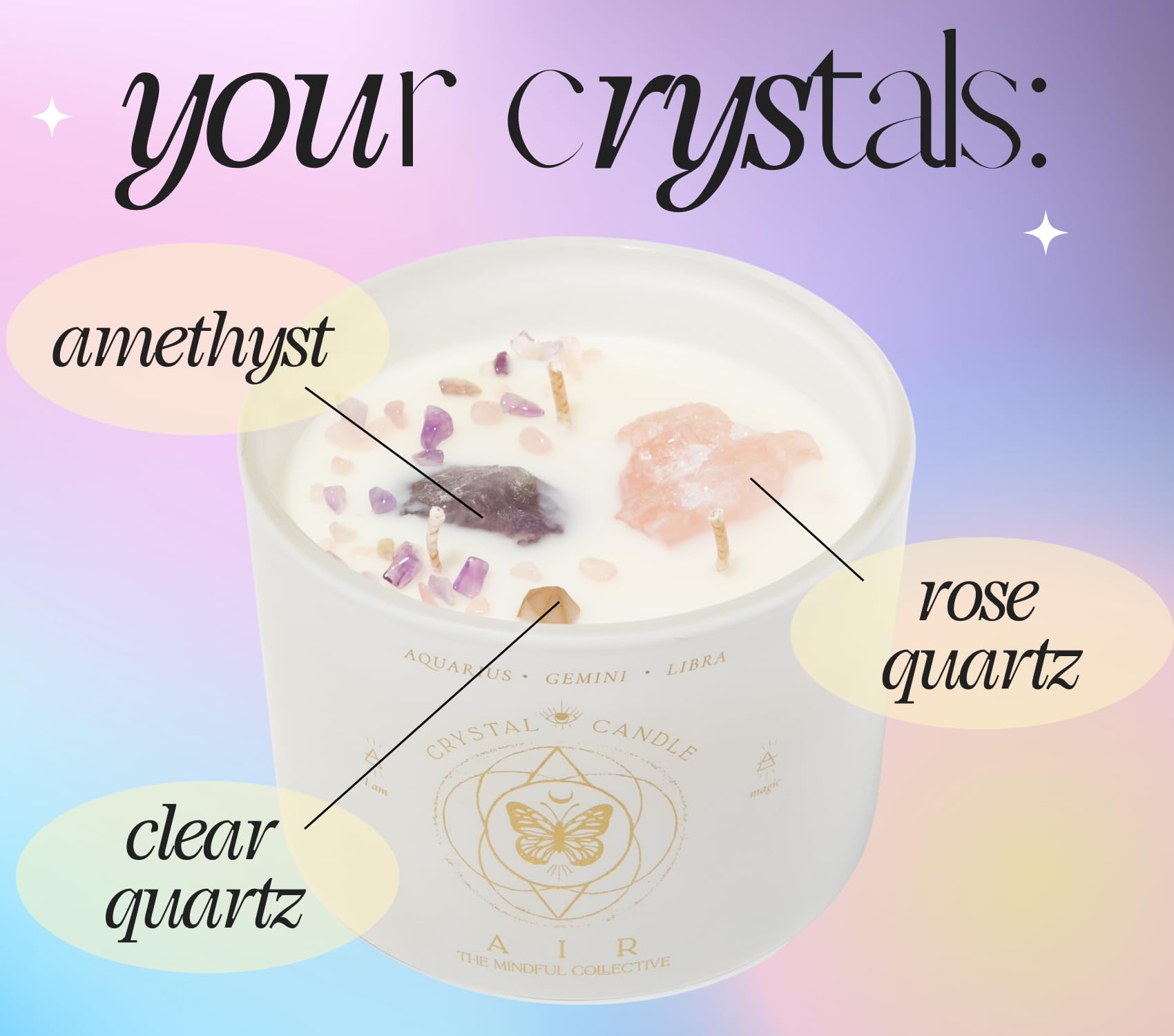 Healing Crystal Candle, 12oz - 3 wick Aquarius, Gemini, Libra Zodiac Candles with Crystals Inside. Zodiac Gifts for Women, Real Crystals and Healing Stones Manifestation Candle, Meditation Candle