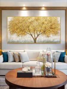 gold tree of life canvas wall art for living room -hand painted gallery wrapped oil painting for bedroom-framed 3d wall decoration for office kitchen 20x40 inches