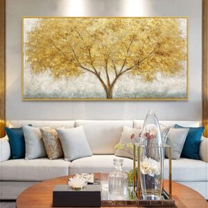 Gold Tree of Life Canvas Wall Art For Living Room -Hand Painted Gallery Wrapped Oil Painting for Bedroom-Framed 3D Wall Decoration for Office Kitchen 20x40 inches