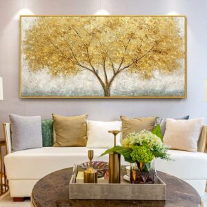 Gold Tree of Life Canvas Wall Art For Living Room -Hand Painted Gallery Wrapped Oil Painting for Bedroom-Framed 3D Wall Decoration for Office Kitchen 20x40 inches