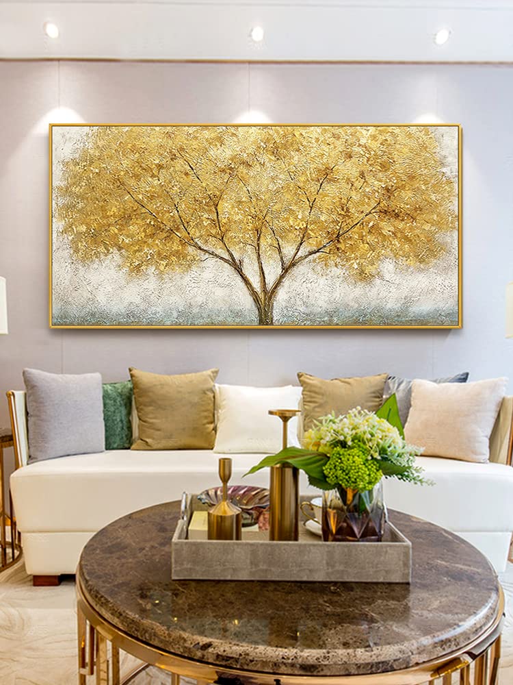 Gold Tree of Life Canvas Wall Art For Living Room -Hand Painted Gallery Wrapped Oil Painting for Bedroom-Framed 3D Wall Decoration for Office Kitchen 20x40 inches