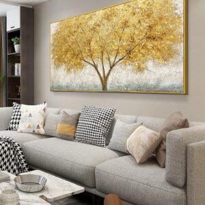 Gold Tree of Life Canvas Wall Art For Living Room -Hand Painted Gallery Wrapped Oil Painting for Bedroom-Framed 3D Wall Decoration for Office Kitchen 20x40 inches