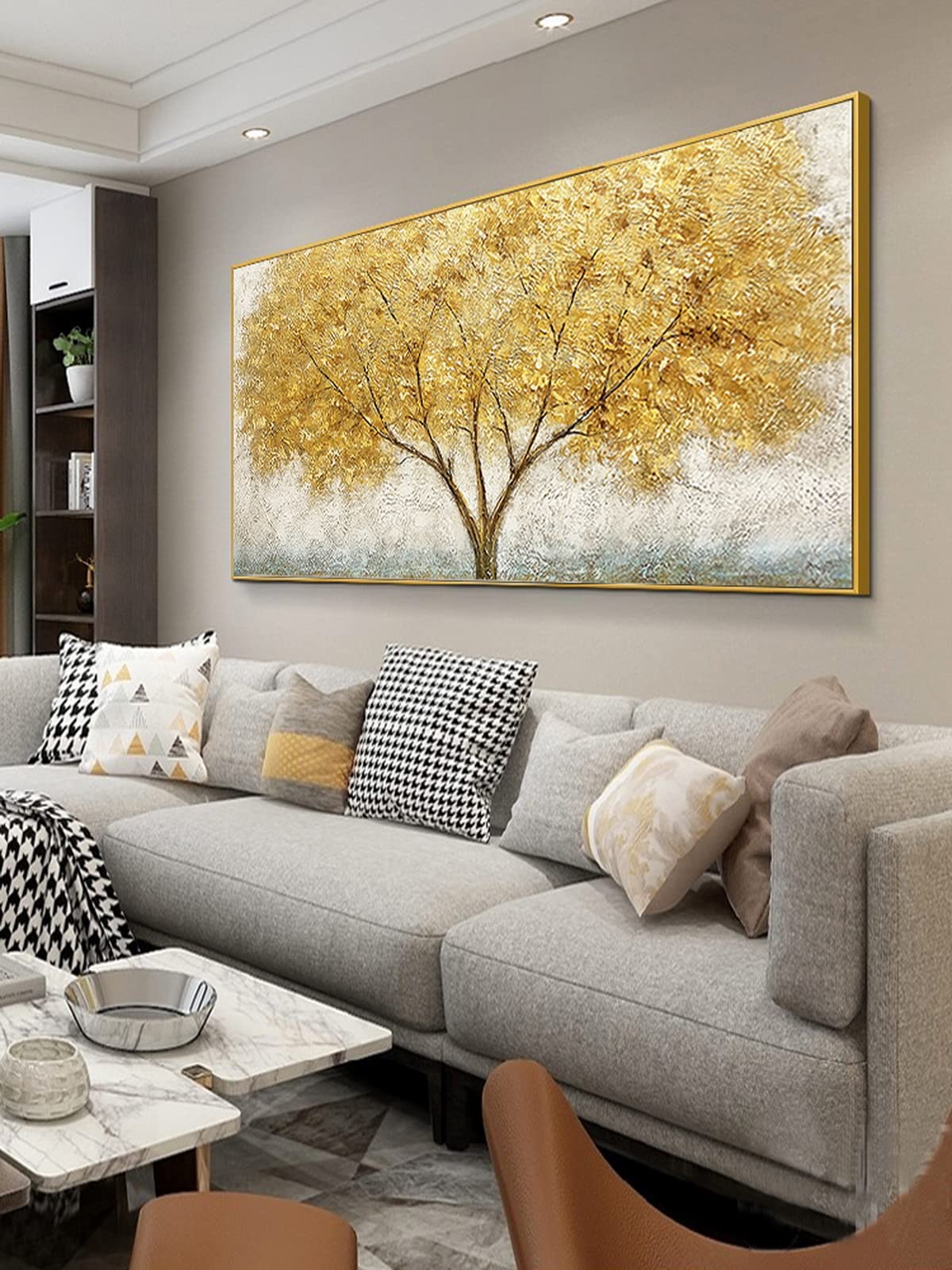 Gold Tree of Life Canvas Wall Art For Living Room -Hand Painted Gallery Wrapped Oil Painting for Bedroom-Framed 3D Wall Decoration for Office Kitchen 20x40 inches