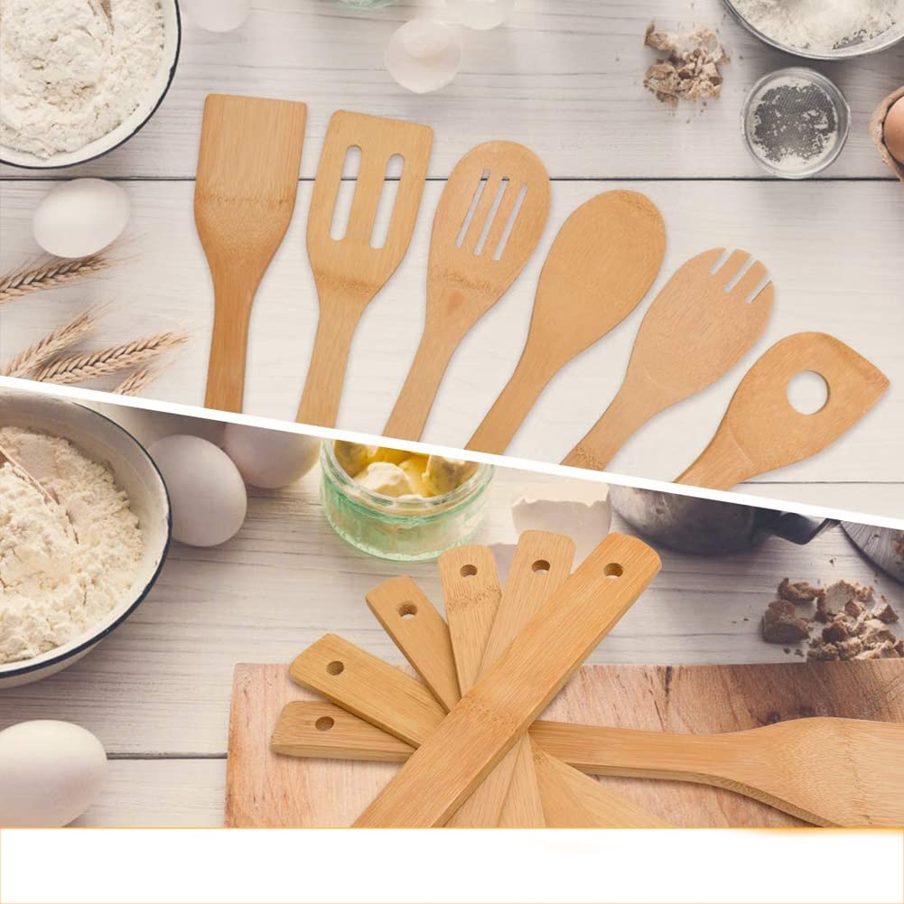 6pcs Wooden Spoons for Cooking Wooden Kitchen Cookware Spatula Spoon Slotted Spatula Salad Fork Nonstick Kitchen Utensil Set Accessories