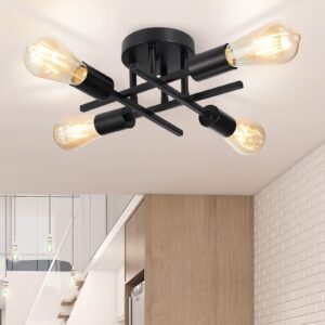 semi flush mount ceiling light fixture 4-light, modern farmhouse close to ceiling light black, e26 socket chandelier light fixture ceiling for bedroom kitchen hallway bathroom living room dining room