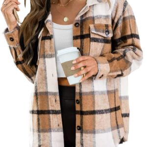 AUTOMET Womens Fall Outfits Fashion Clothes Tops Oversized Flannel Jackets Shirts Button Down Long Sleeve Shacket Blouse 2024 Apricot