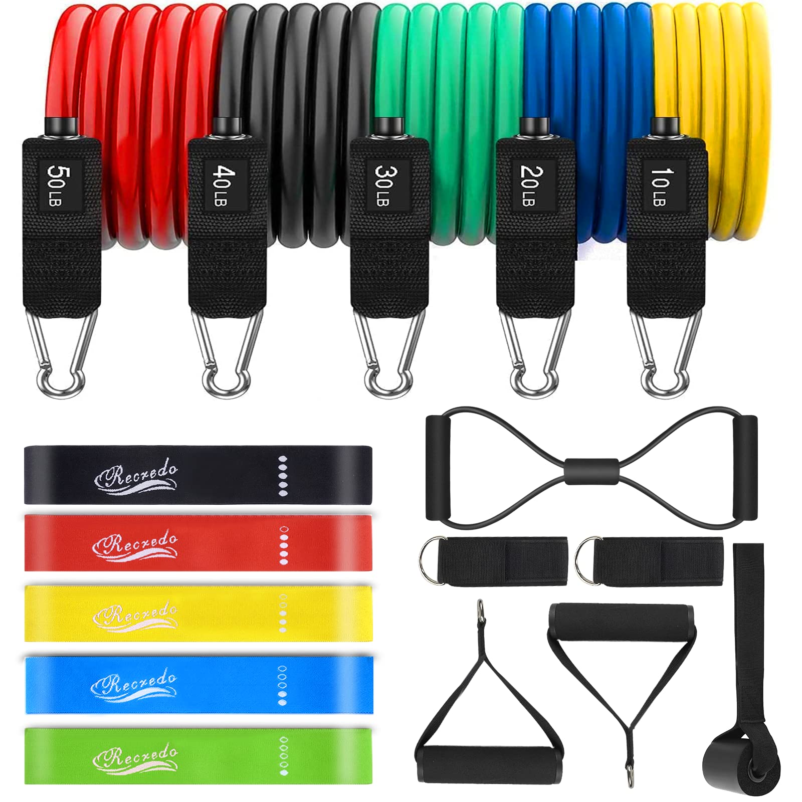 Resistance Bands Set 17pcs, Resistance Band, Exercise Bands Fitness Workout with Wide Handles, Door Anchor, Steel Clasp, Carry Bag, Ankle Straps for Home Gym Outdoor Travel