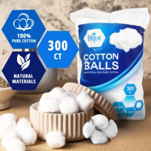 MED PRIDE Premium 100% Pure Cotton Balls 300 Count- Ultra Soft Multipurpose Cotton Balls for Makeup Remover, Nail Polish, Applying Lotions & More- Absorbent Small Cotton Balls for Everyday Use