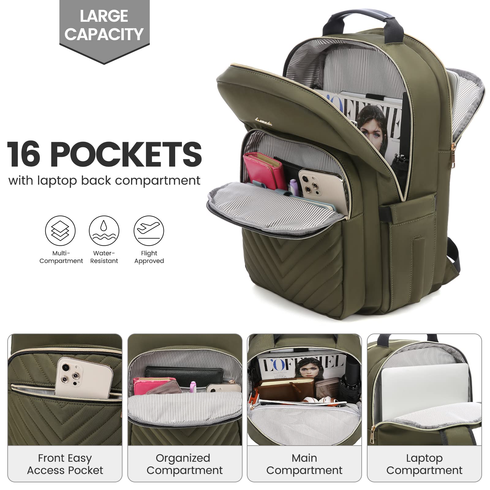 LOVEVOOK Laptop Backpack for Women 15.6 inch,Cute Womens Travel Backpack Purse,Professional Laptop Computer Bag,Waterproof Work Business College Teacher Bags Carry on Backpack with USB Port,Army Green