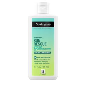 neutrogena sun rescue after sun replenishing lotion with aloe vera, mint extract, & vitamin e, 24-hour moisture for healthy glow for sensitive skin, vegan, non-comedogenic lotion, 6.7 oz