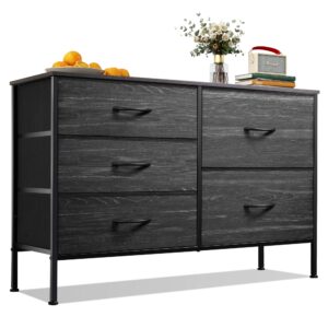 wlive dresser for bedroom with 5 drawers, wide bedroom dresser with drawer organizers, chest of drawers, fabric dresser for living room, closet, hallway, charcoal black wood grain print