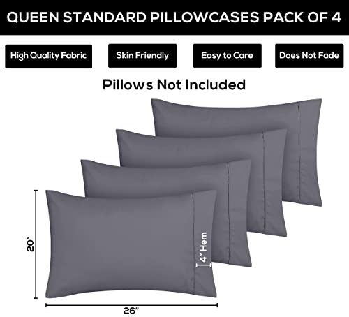 Utopia Bedding Standard Pillow Cases - 4 Pack - Envelope Closure - Soft Brushed Microfiber Fabric - Shrinkage and Fade Resistant Pillow Cases Standard Size 20 X 26 Inches (Standard, Grey)