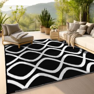 wikiwiki outdoor rug, 5x8 ftwaterproof reversible mat indoor outdoor rugs carpet, small area rug plastic straw rug for patio deck balcony pool rv camping beach picnic, black & white