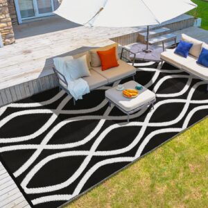 wikiwiki Outdoor Rug, 5x8 FTWaterproof Reversible Mat Indoor Outdoor Rugs Carpet, Small Area Rug Plastic Straw Rug for Patio Deck Balcony Pool RV Camping Beach Picnic, Black & White