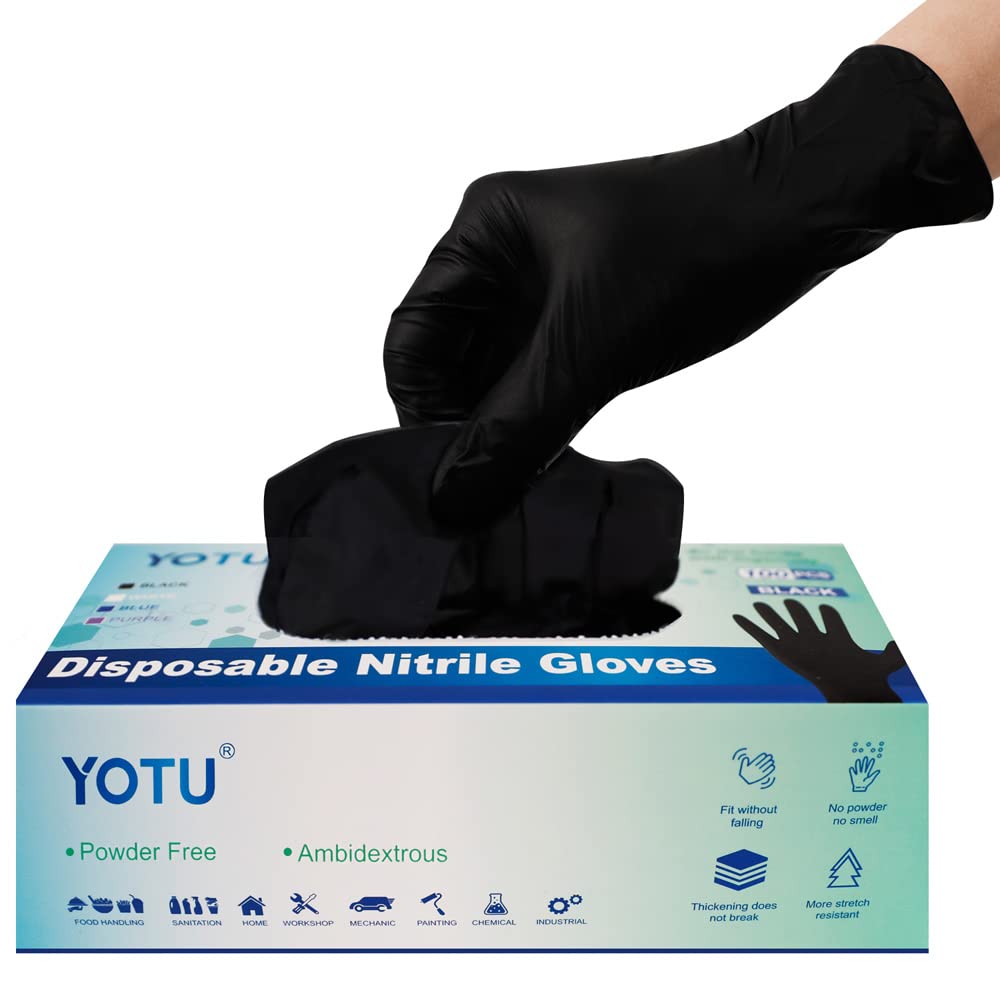 YOTU Black Disposable Nitrile Latex & Powder Free 6-Mil Gloves 100 Count, Textured, Mechanic Wearing, Cleaning, Food Black Medium