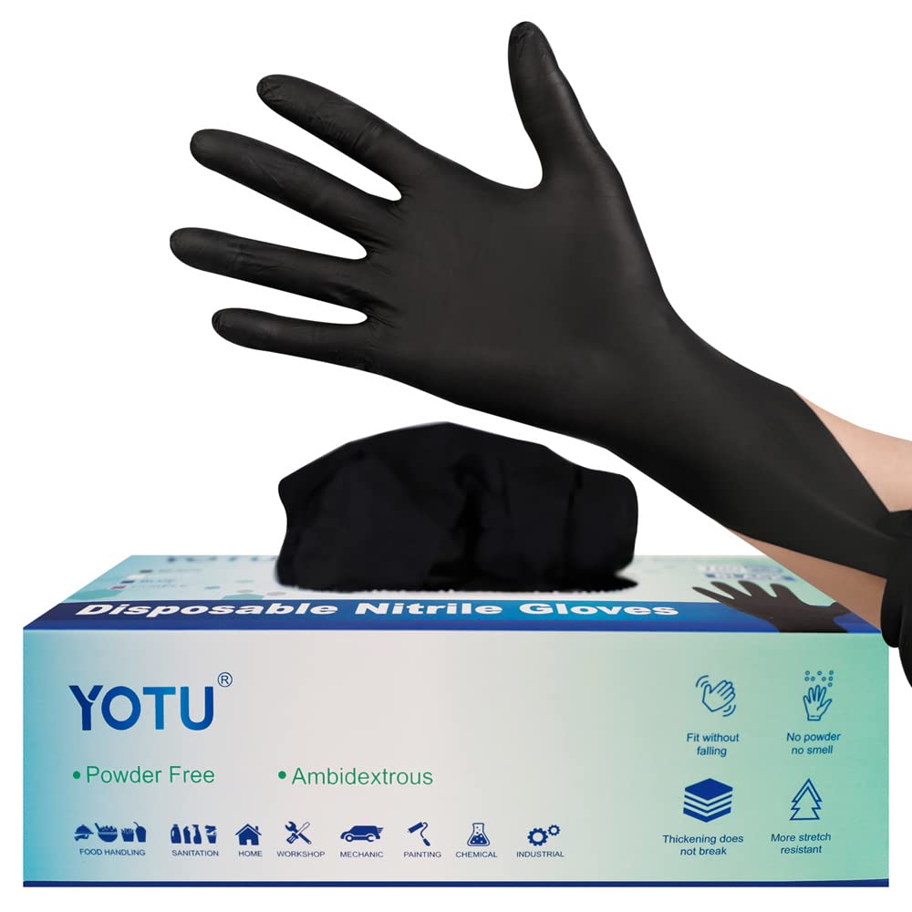 YOTU Black Disposable Nitrile Latex & Powder Free 6-Mil Gloves 100 Count, Textured, Mechanic Wearing, Cleaning, Food Black Medium