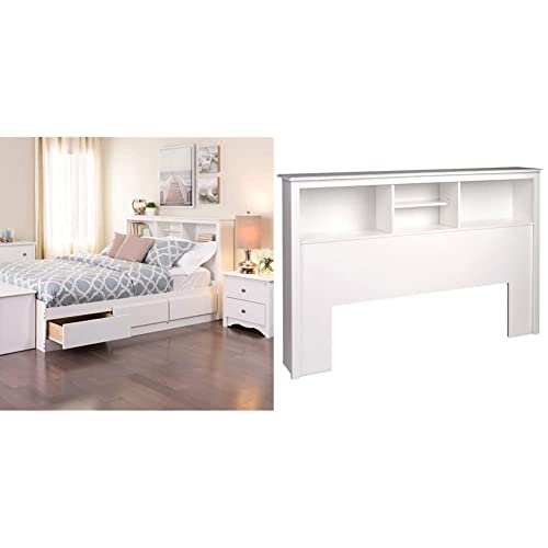 Prepac Full Mate's Platform Storage Bed with 6 Drawers and Stylish Full/Queen Headboard with 3 Compartments, White