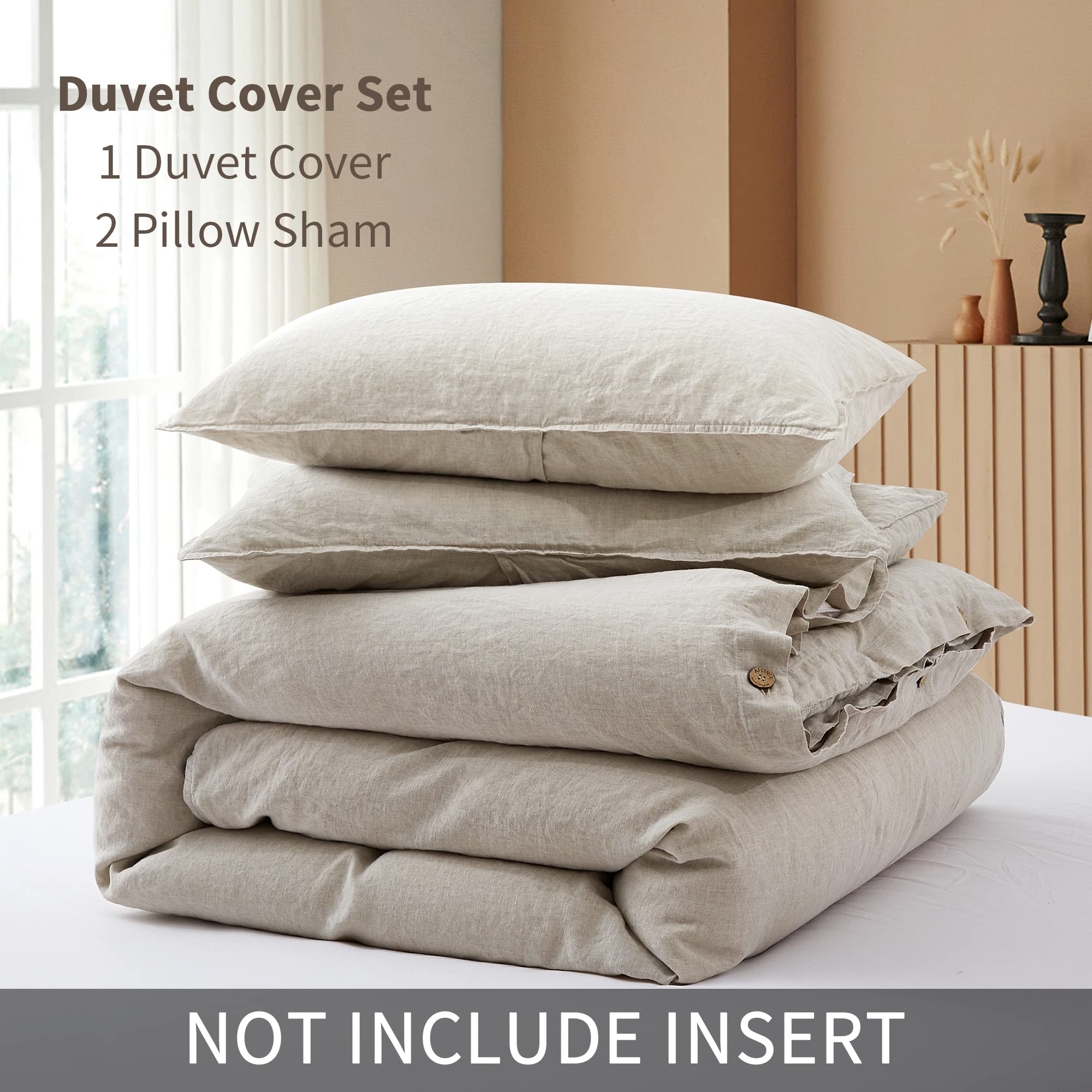 ATLINIA Bedding Duvet Cover Set Linen - 100% French Flax Washed Bed Sets Farmhouse Comforter Cover Set (1 Duvet Cover and 2 Pillow Shams) Queen Size Natural