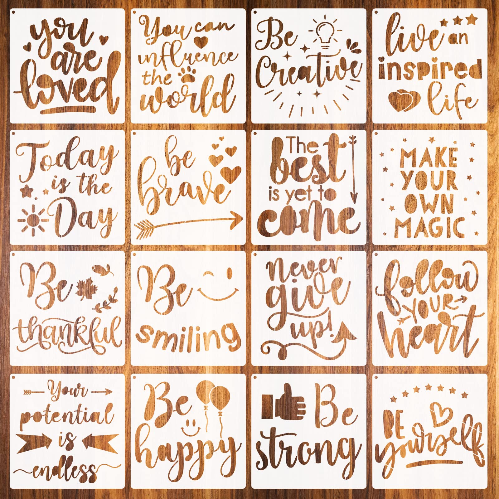 16 Pieces Stencils for Painting Inspirational Word Stencil Kit Motivational Stencils Reusable Polyester Film Template Stencils with Open Ring for Painting on Wood Wall Home Decor(6.3 x 6.3 Inches)