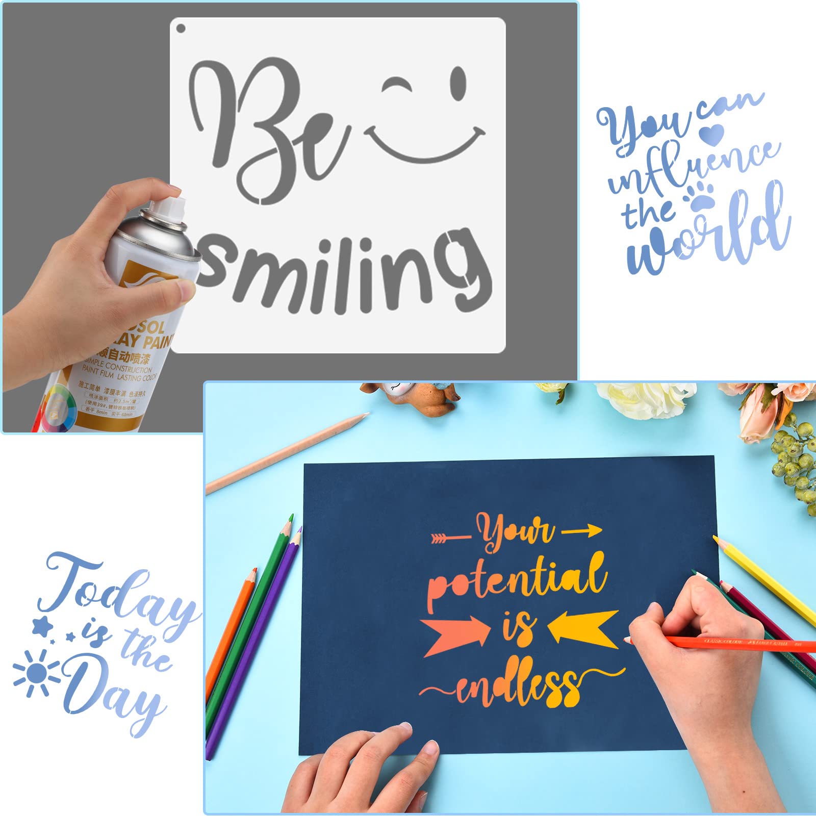 16 Pieces Stencils for Painting Inspirational Word Stencil Kit Motivational Stencils Reusable Polyester Film Template Stencils with Open Ring for Painting on Wood Wall Home Decor(6.3 x 6.3 Inches)