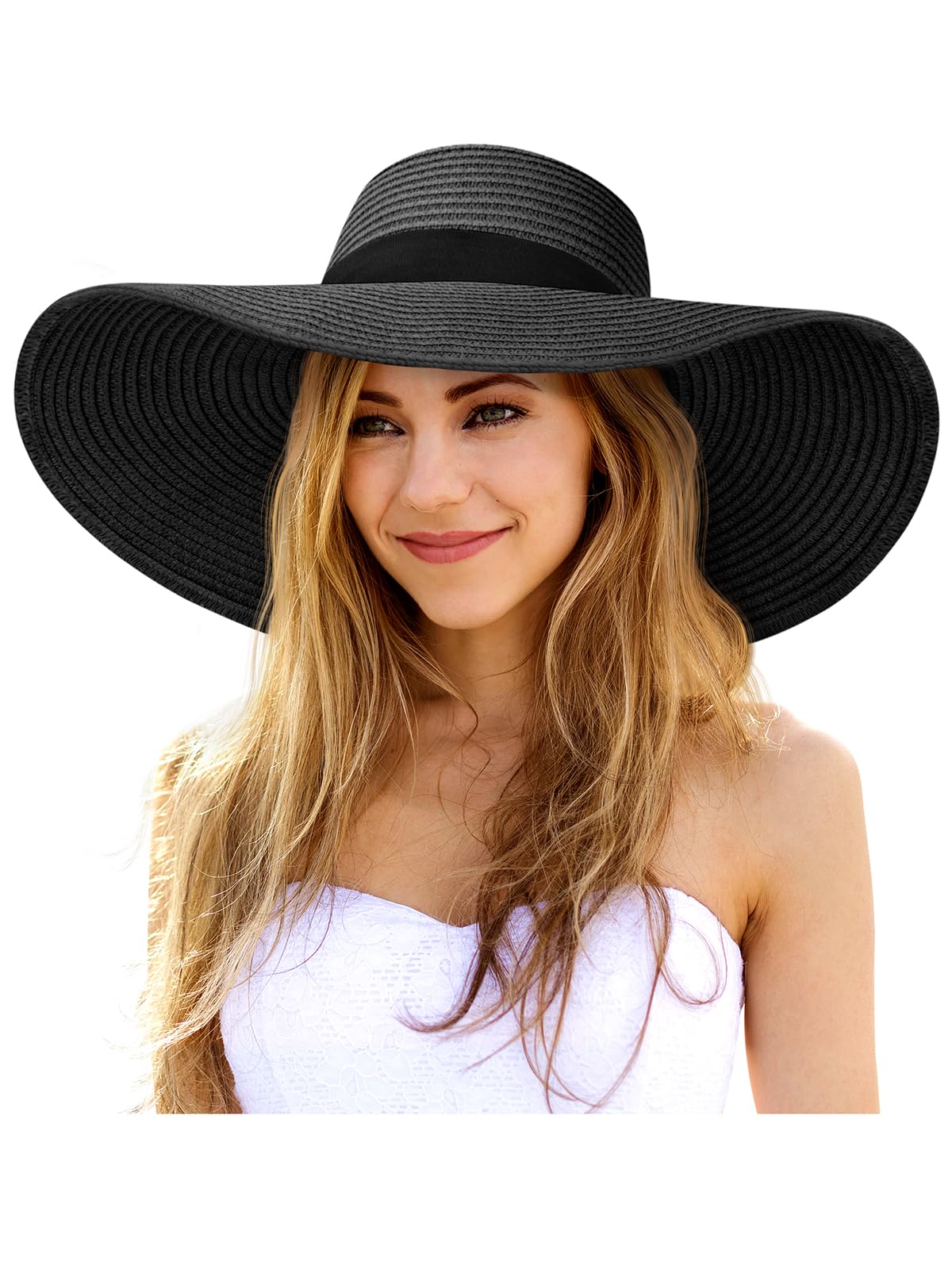 Womens Sun Hat UV Protection Wide Brim Beach Hat Floppy Foldable Roll-Up Straw Hats for Women UPF 50 Black