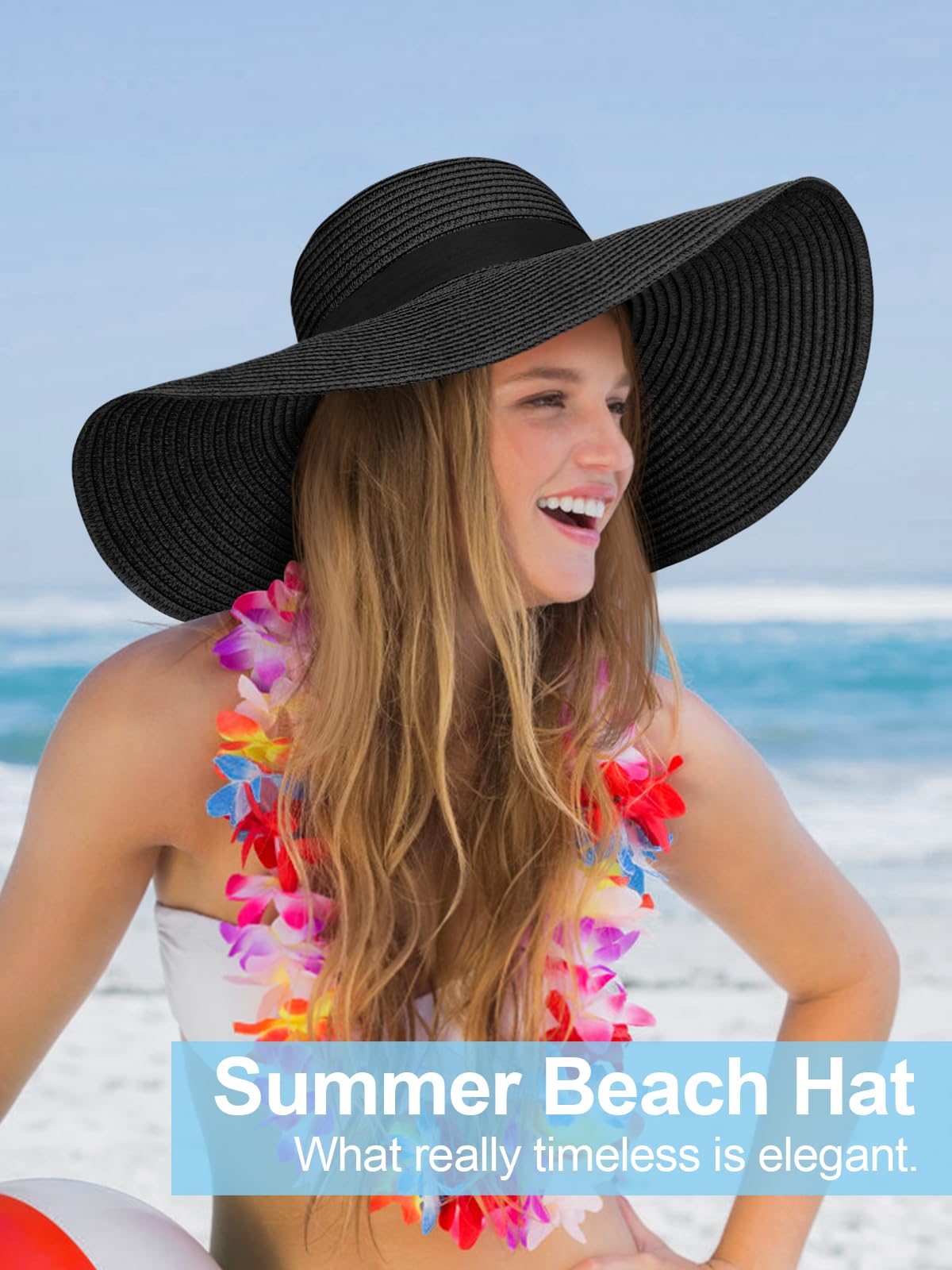 Womens Sun Hat UV Protection Wide Brim Beach Hat Floppy Foldable Roll-Up Straw Hats for Women UPF 50 Black