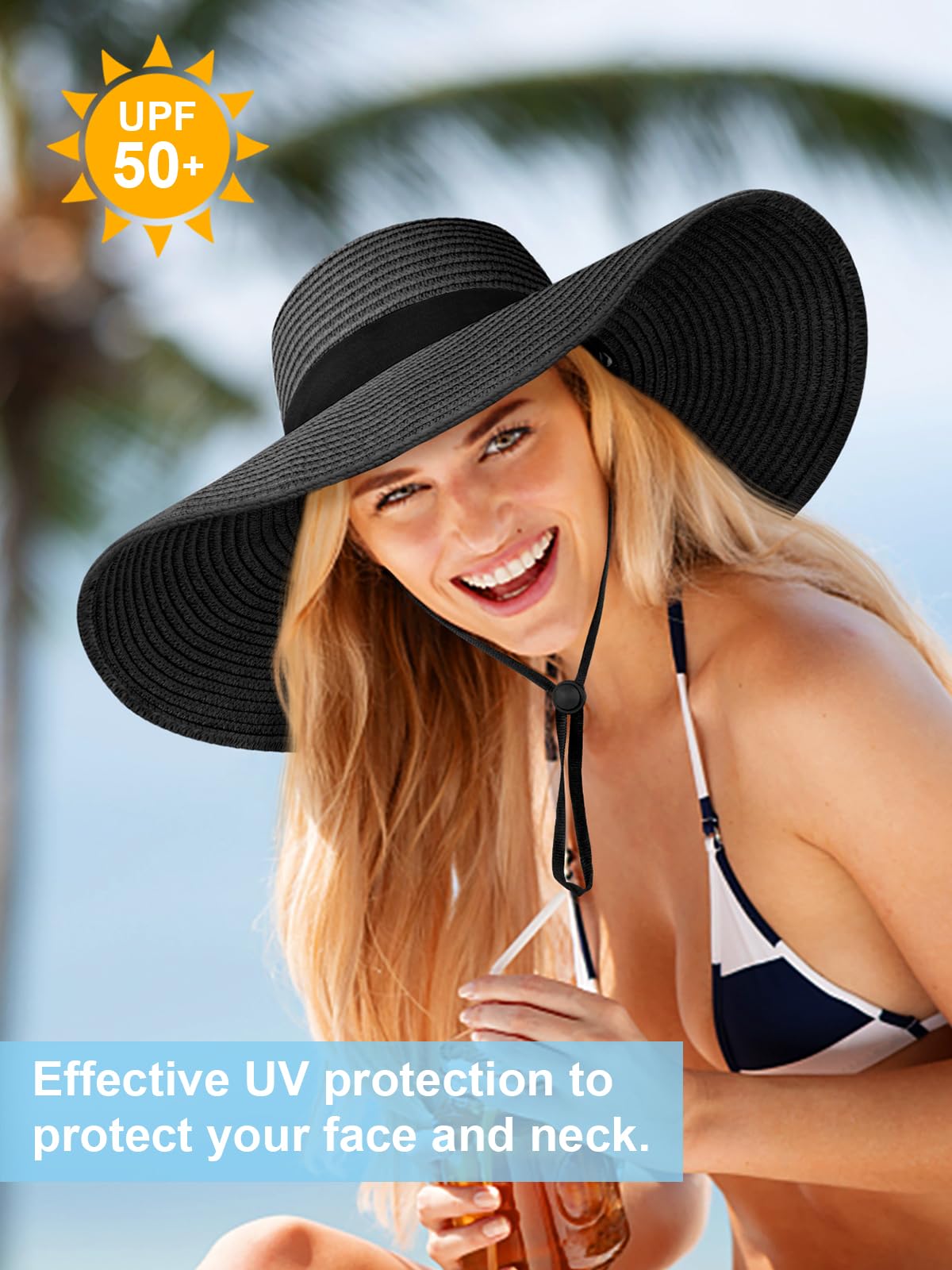 Womens Sun Hat UV Protection Wide Brim Beach Hat Floppy Foldable Roll-Up Straw Hats for Women UPF 50 Black