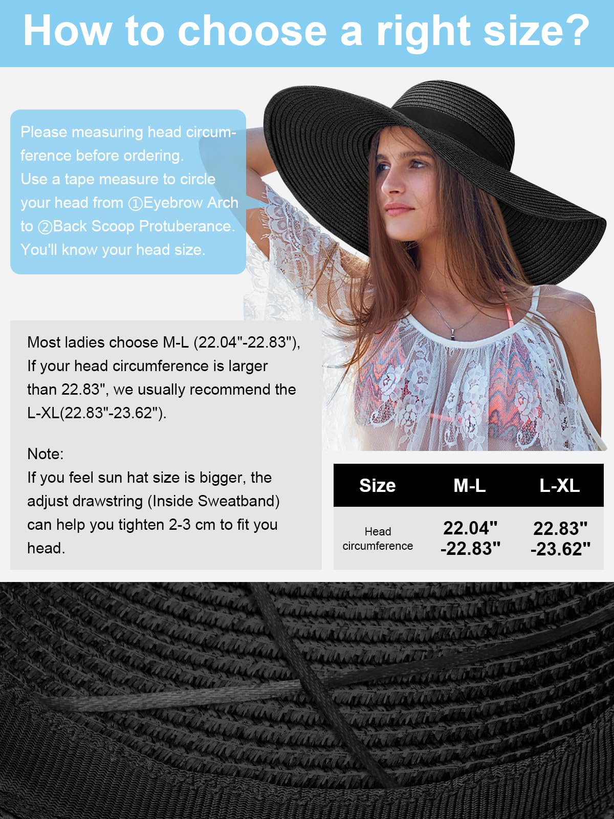 Womens Sun Hat UV Protection Wide Brim Beach Hat Floppy Foldable Roll-Up Straw Hats for Women UPF 50 Black