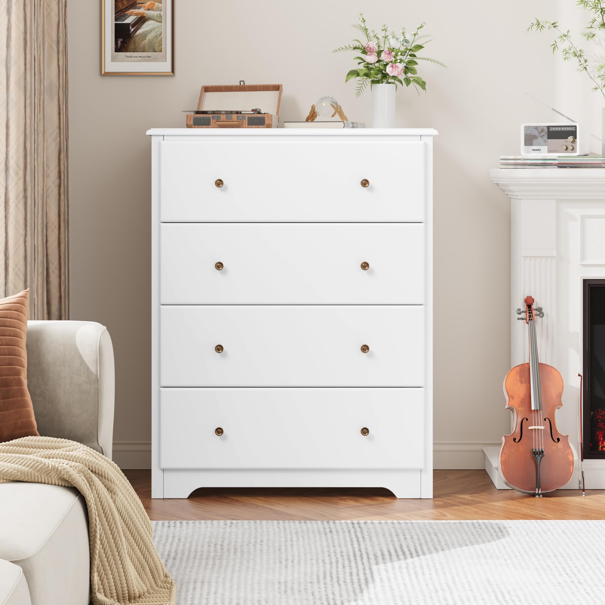 HOUSUIT White Dresser, 4 Drawer Dressers Chest of Drawers, Modern Tall Dresser, Wood Drawer Chest Storage Cabinet for Living Room, Hallway, Entryway, Home Office, Ivory White